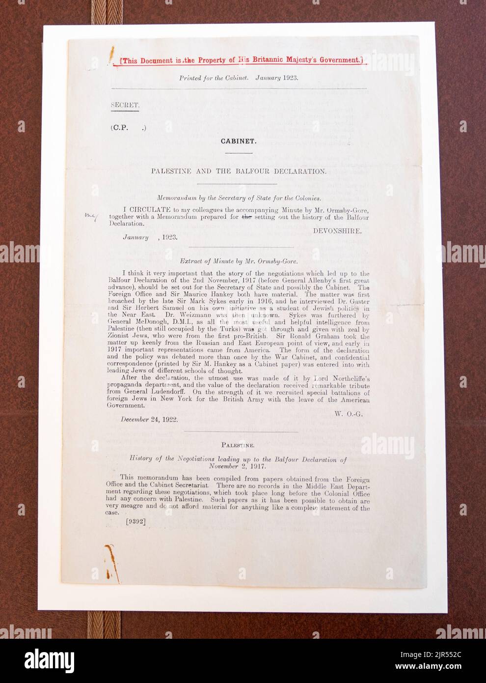 A cabinet memorandum on Palestine and the Balfour Declaration, dated ...