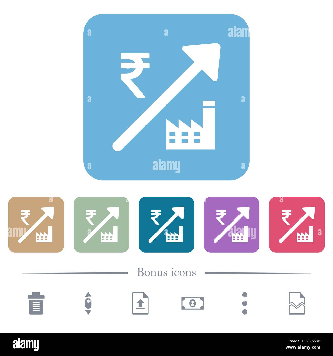 Rising power plant Indian Rupee prices white flat icons on color rounded square backgrounds. 6 ...