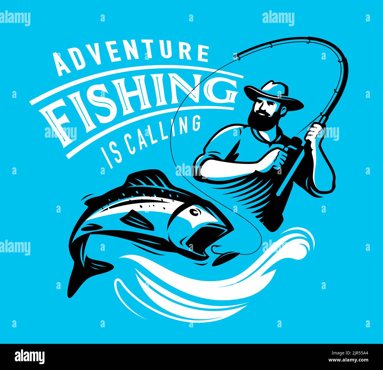 Fisherman catches fish with rod. Fishing emblem, label and design ...