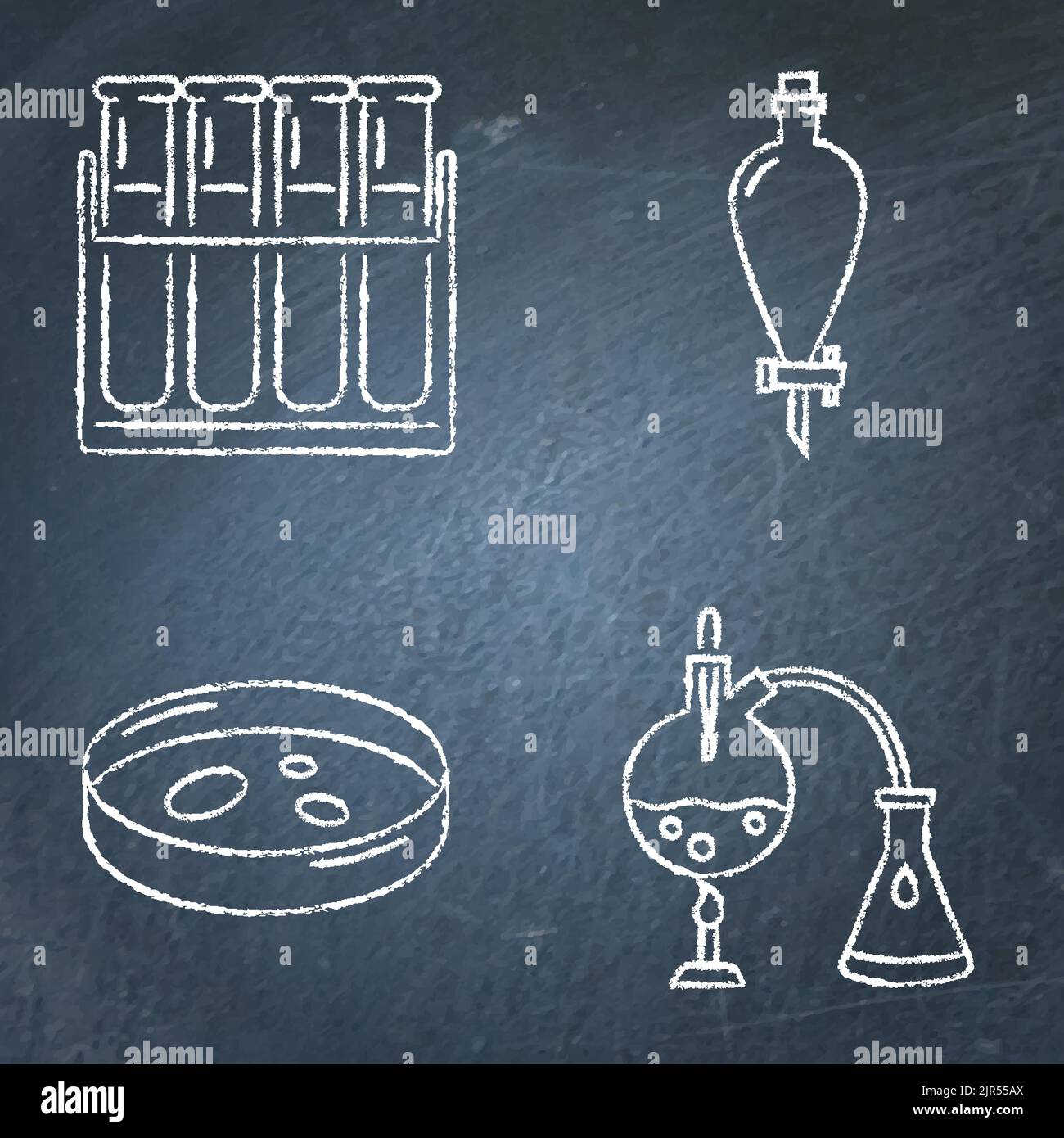 Chemistry science icon set on chalkboard. Chemical laboratory equipment ...