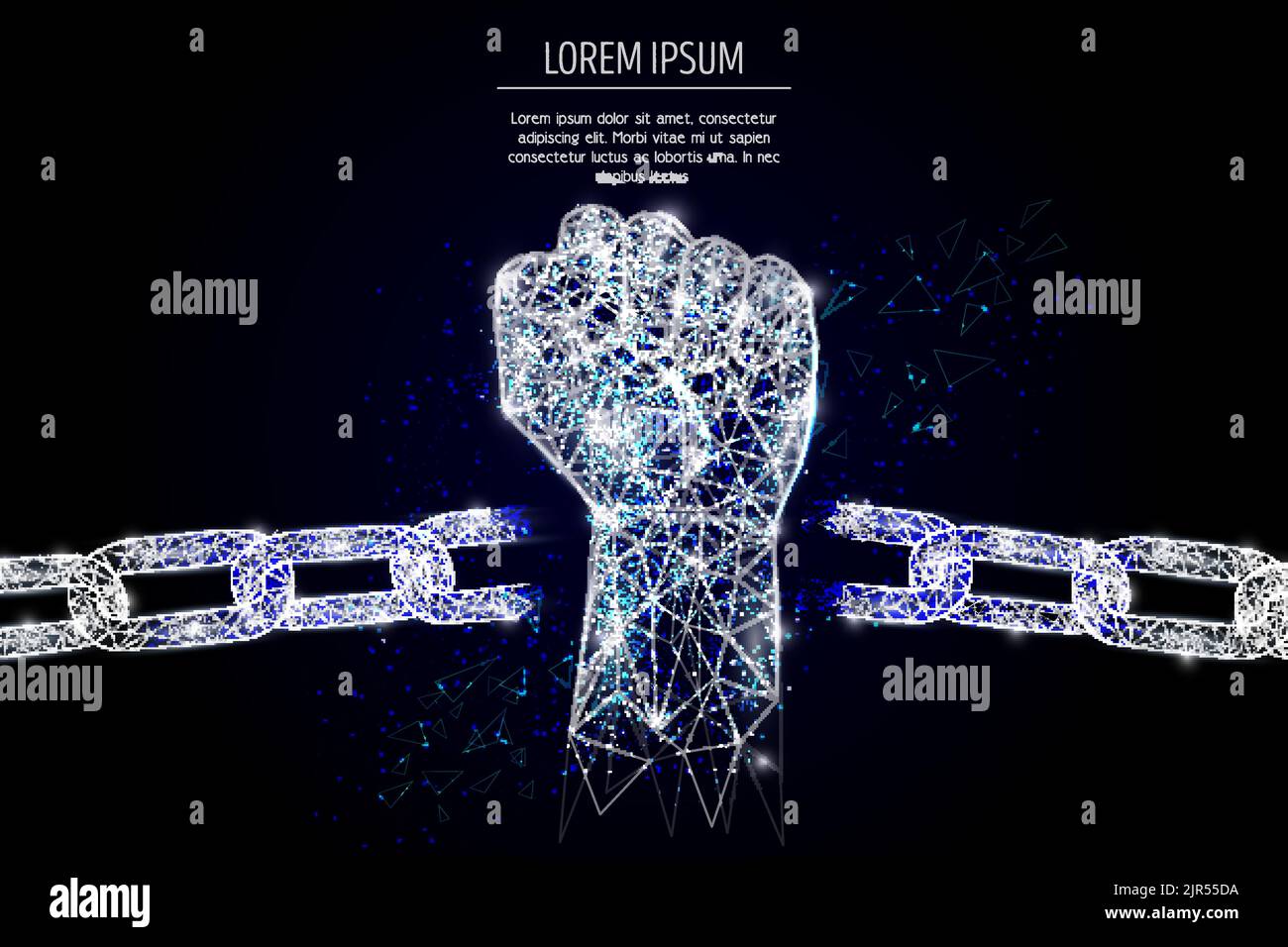 Vector polygonal art raised up clenched fist and broken iron chain. Low ...