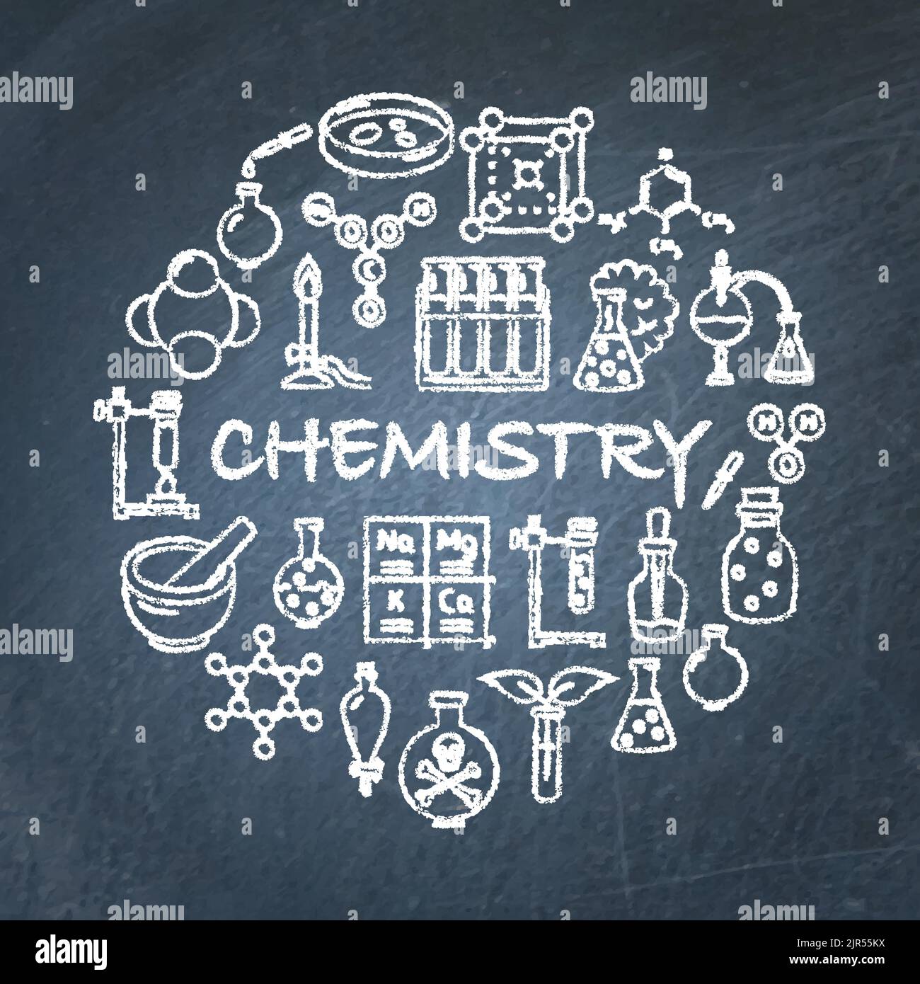 Chemistry science round poster on chalkboard. Banner with chemical ...