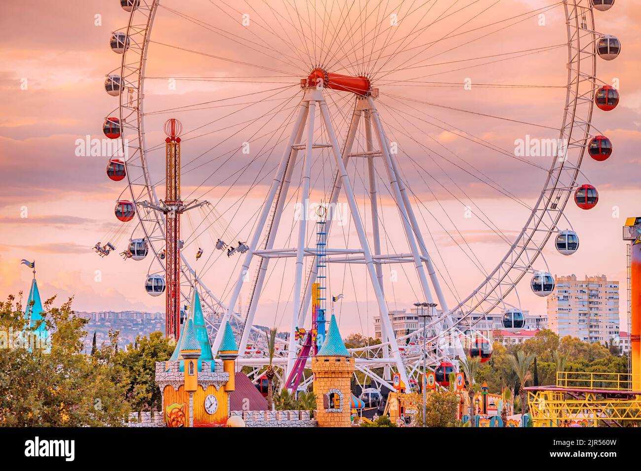 28 June 2022, Antalya, Turkey: Ferris wheel in Aktur amusement park ...