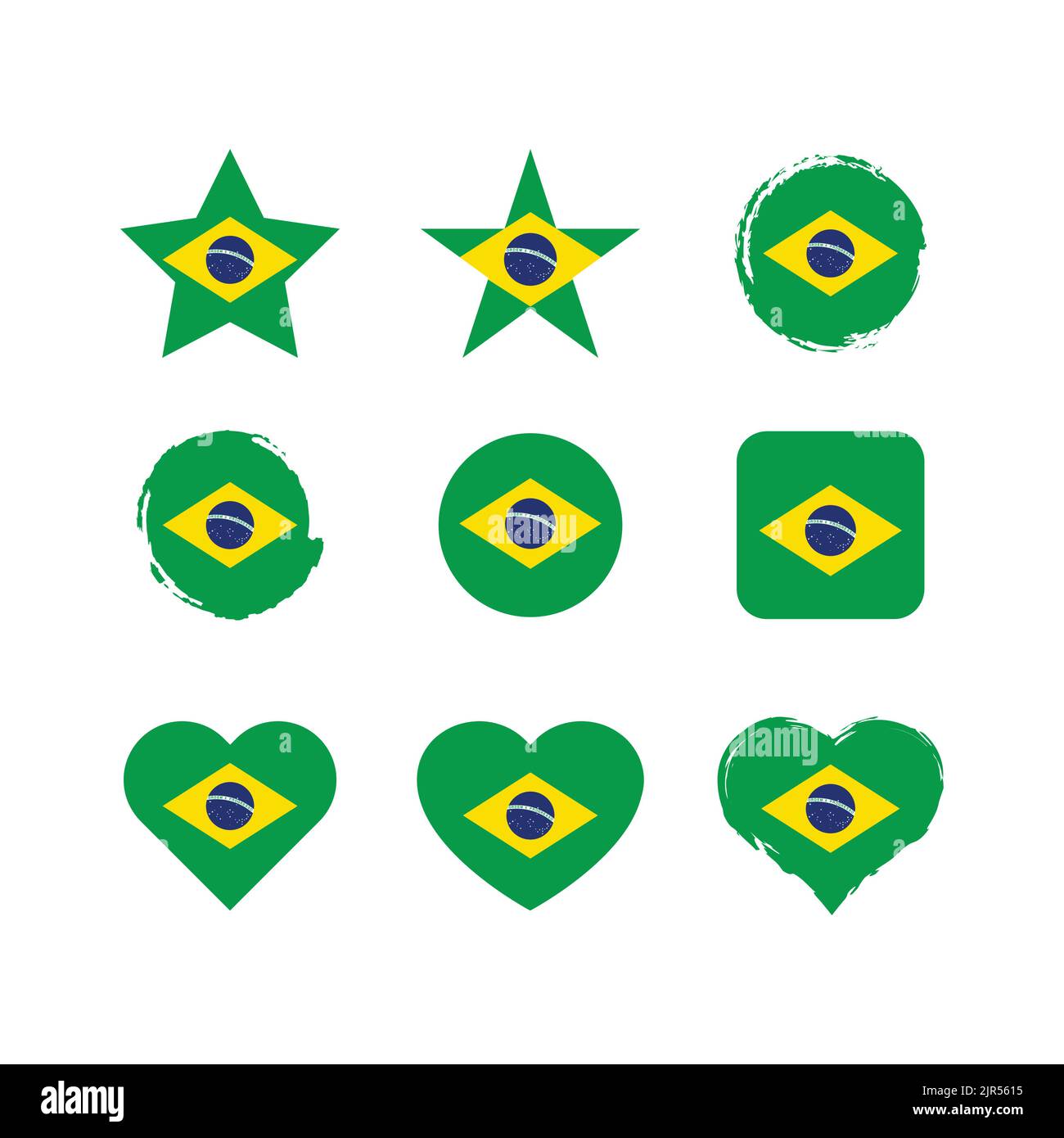 Brazil vector circle and heart flag set. Brazilian dry brush and grunge ...
