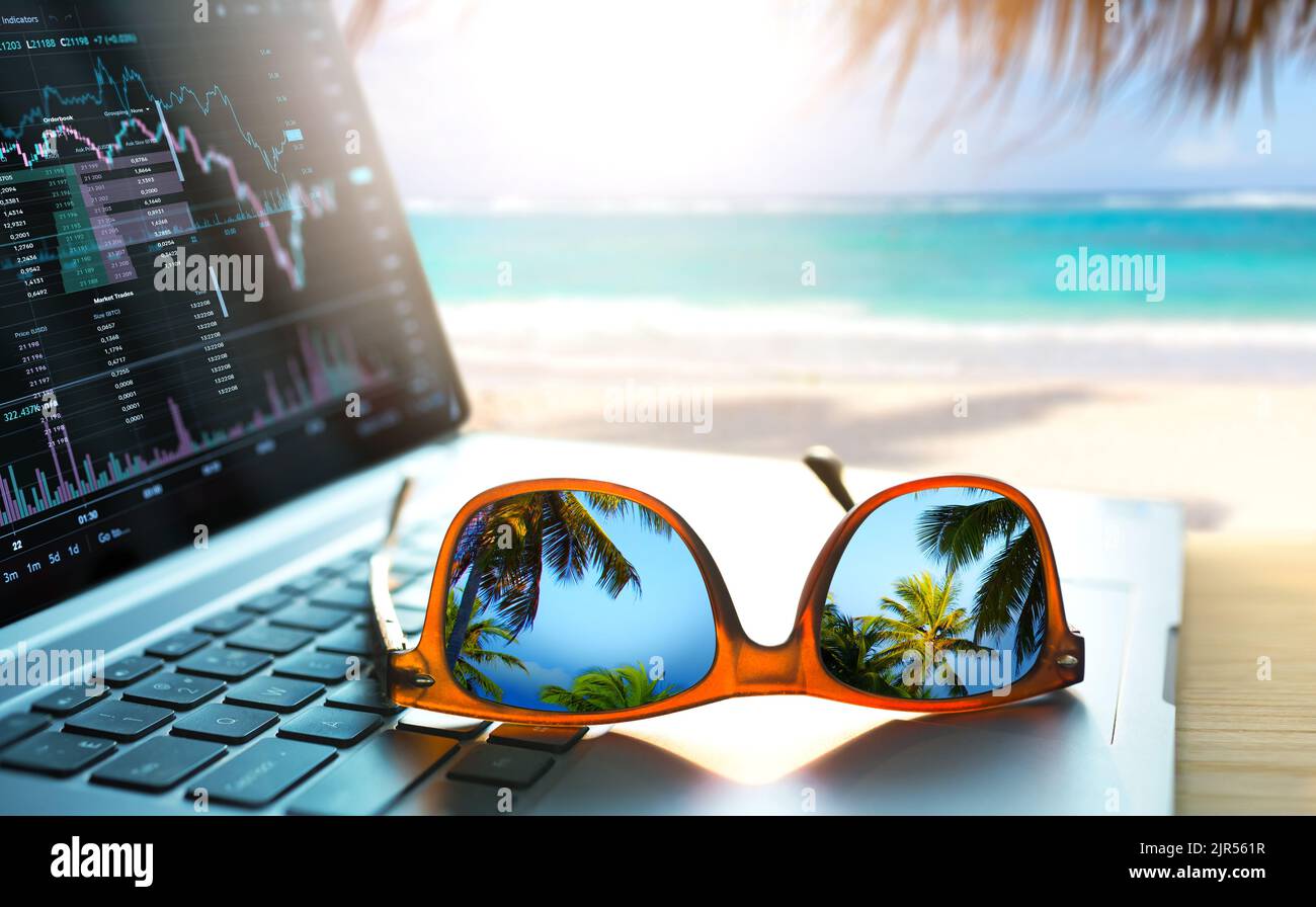 Art remote work in a tropical sea beach. Dream work office background ...