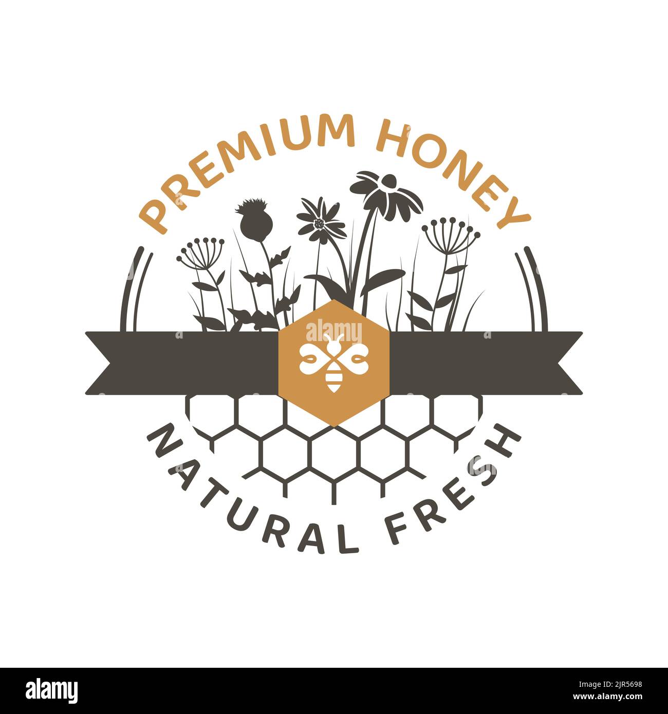 Premium honey label. Vector badge with honeycomb, wildflowers and bee ...