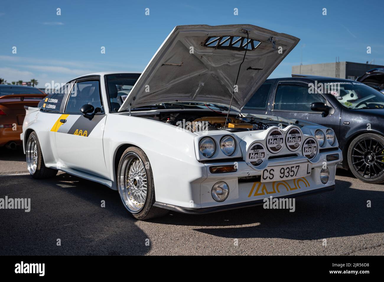 A closeup of engine details of classic rally car Opel Manta B2 400 in ...