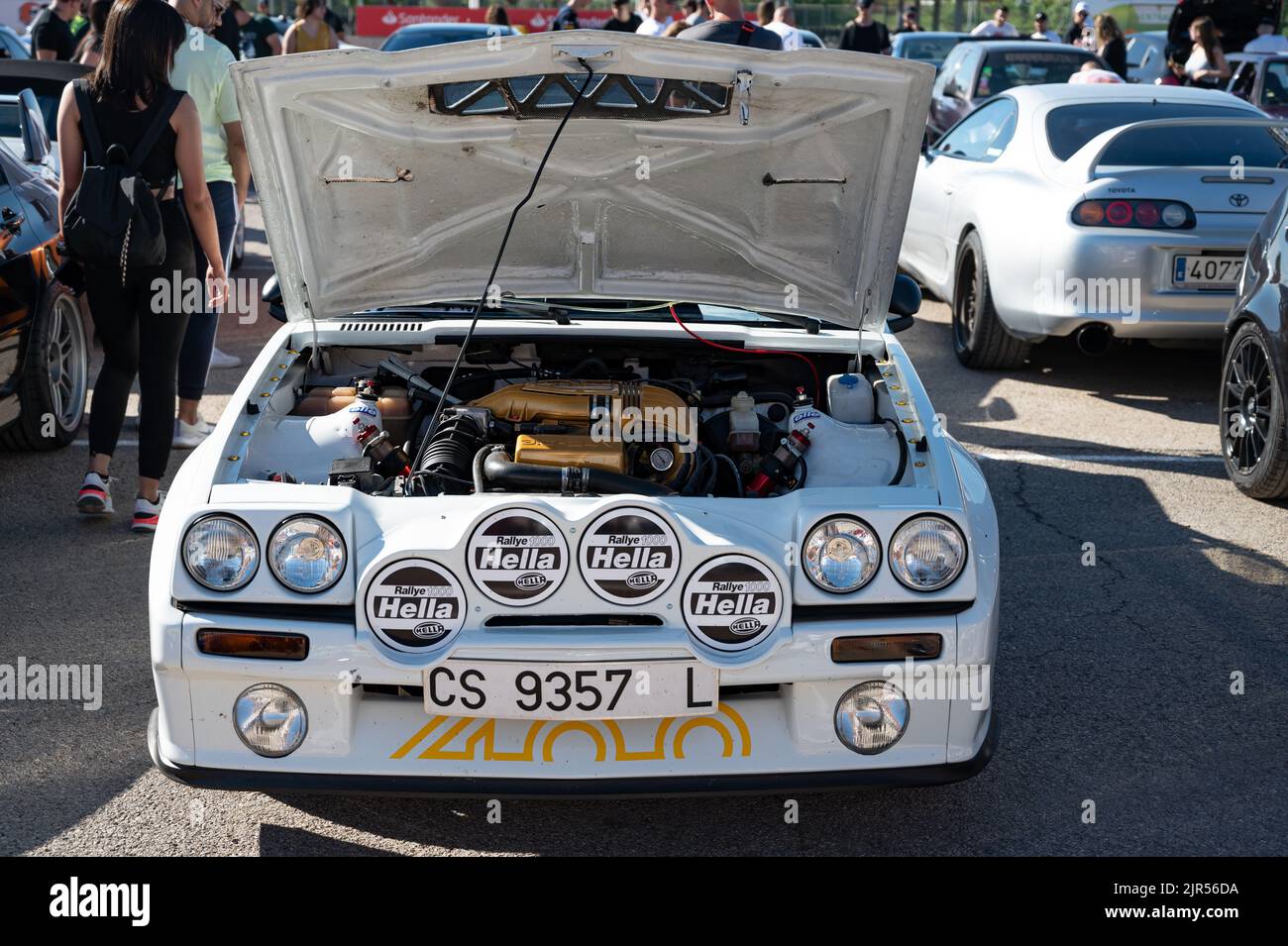 A closeup of engine details of classic rally car Opel Manta B2 400 in ...