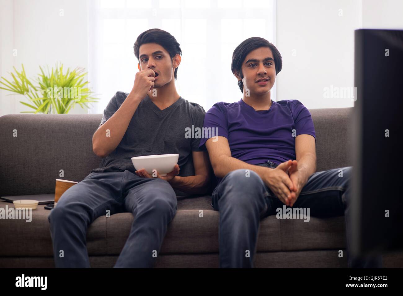 Two teenage boys watching TV together at home Stock Photo - Alamy