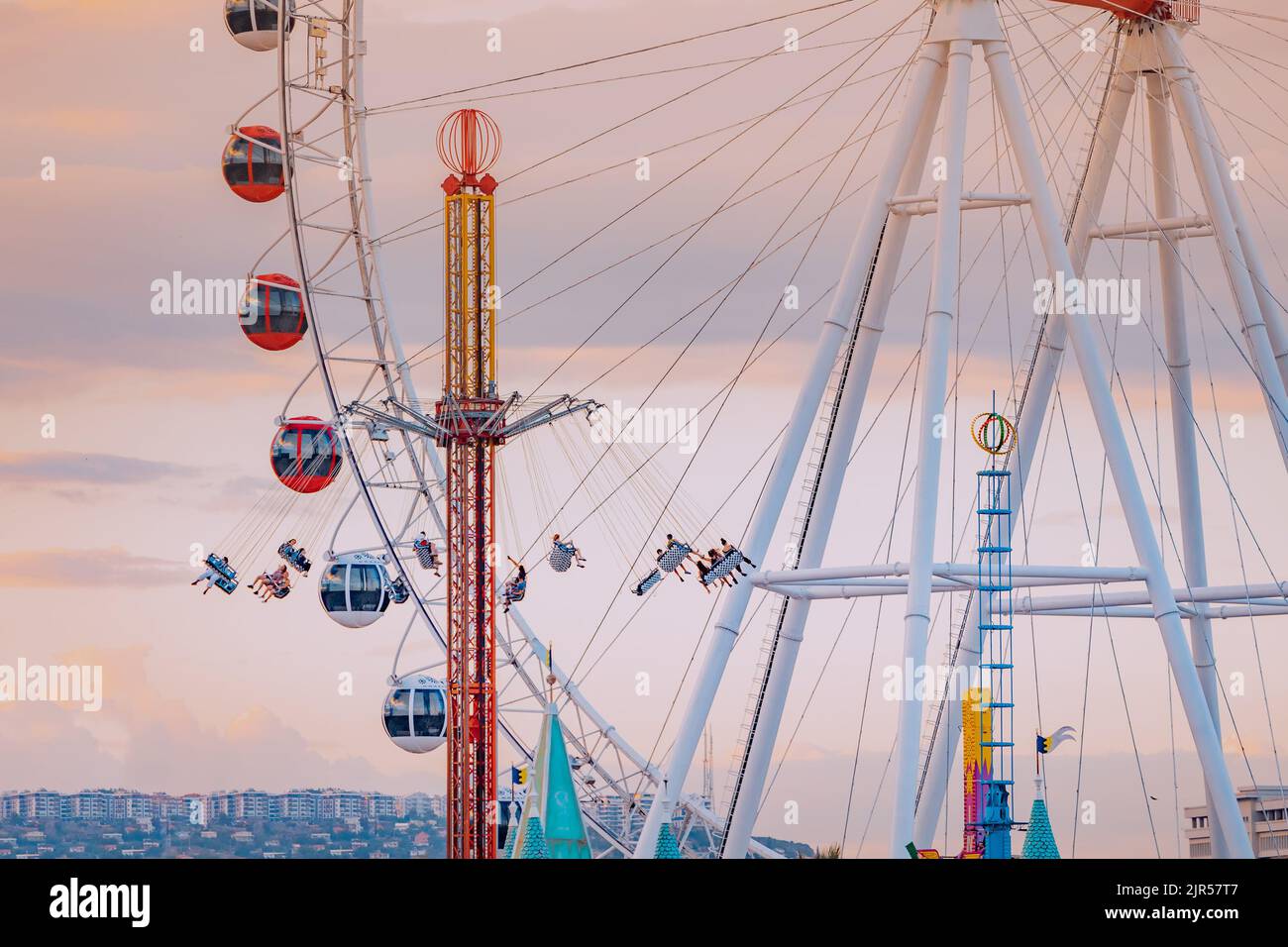 28 June 2022, Antalya, Turkey: Ferris wheel in Aktur amusement park ...