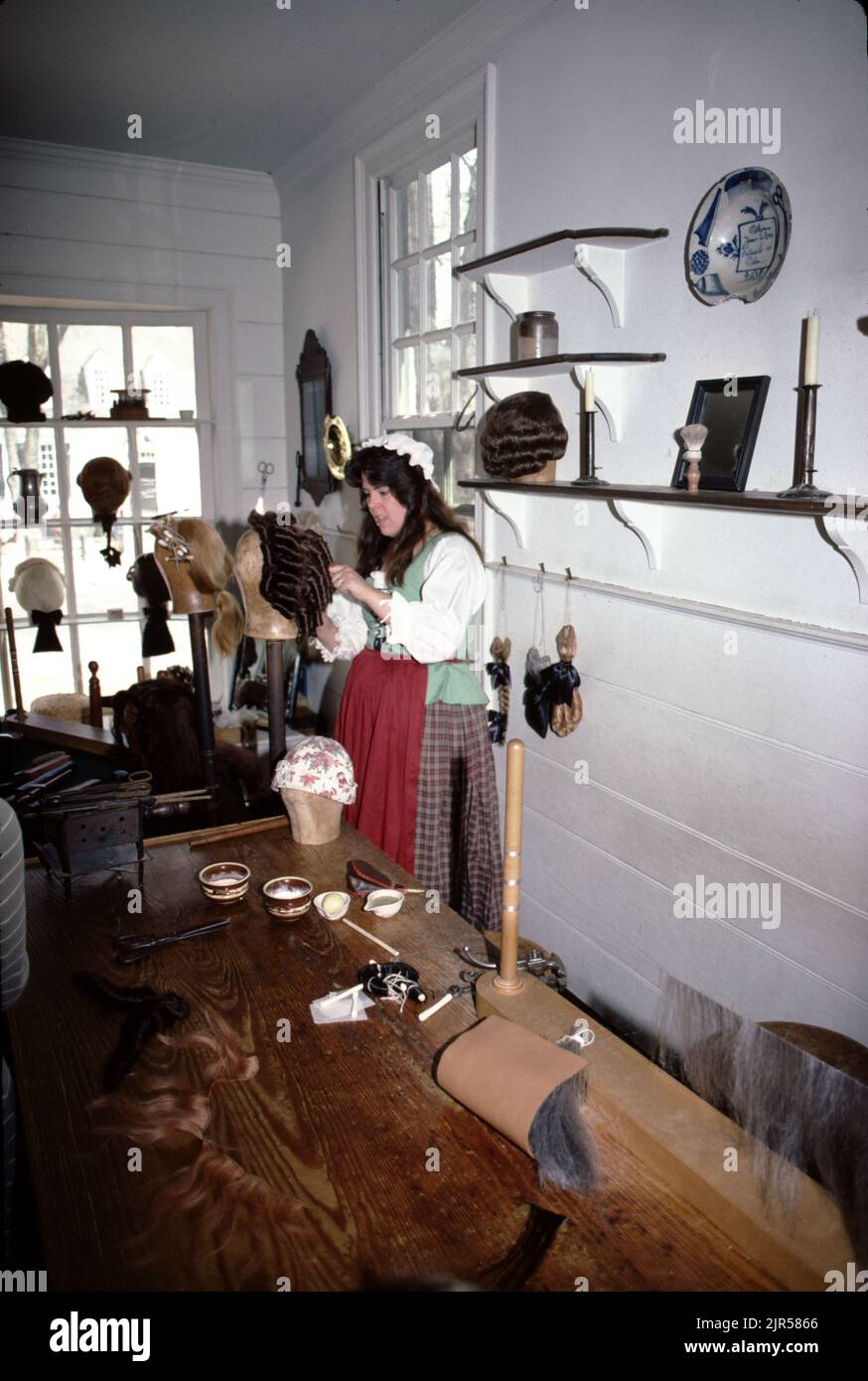 Williamsburg VA USA 9/1987. Colonial Williamsburg wig maker catered to ...