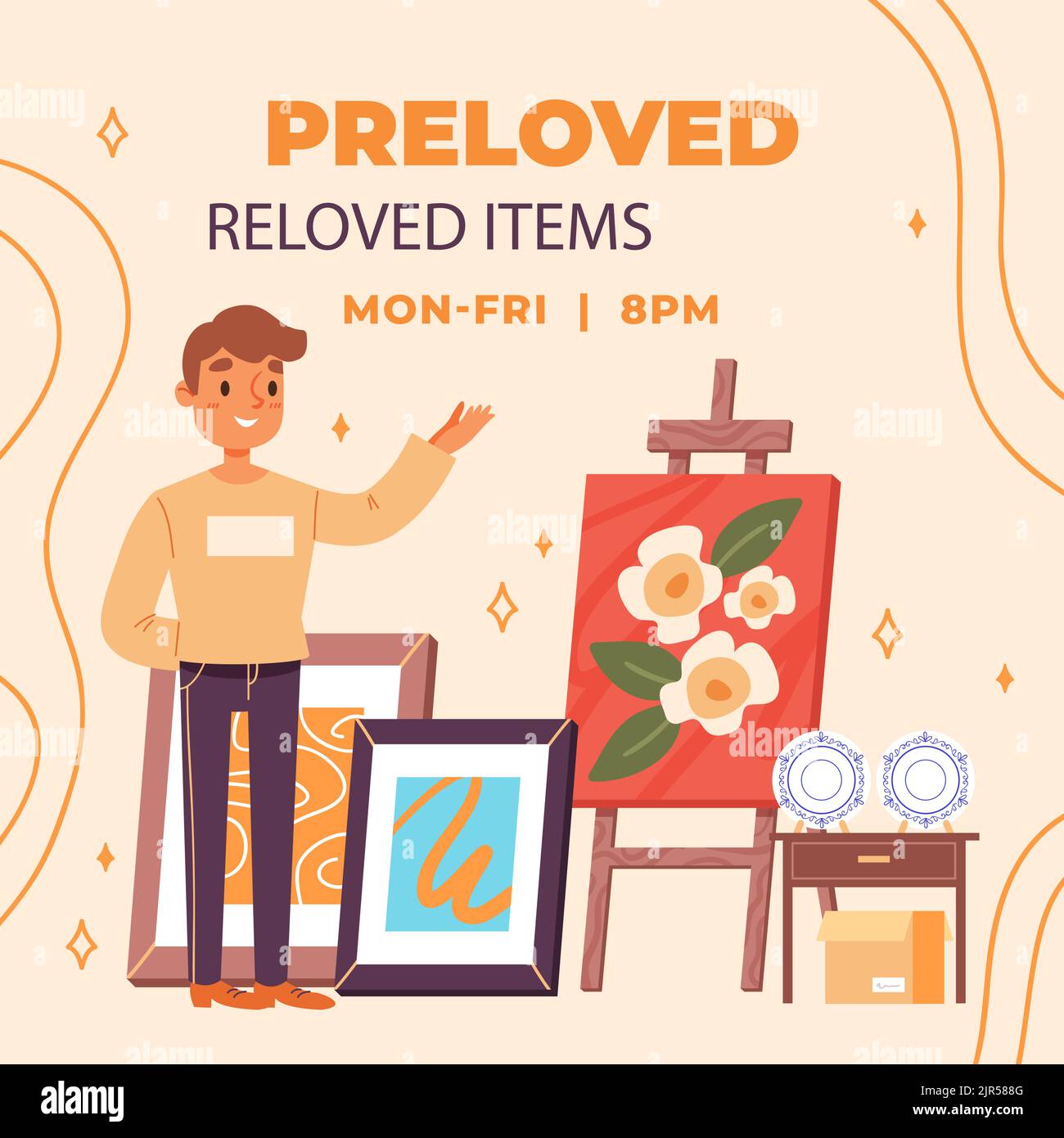 Flat posts set for second hand flea market event Vector illustration ...