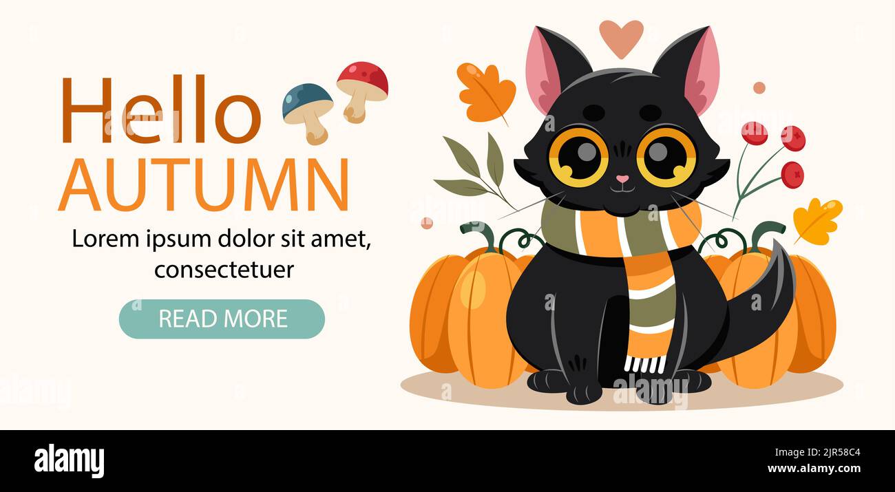 Flat horizontal banner template for autumn blakc cat celebration Vector ...