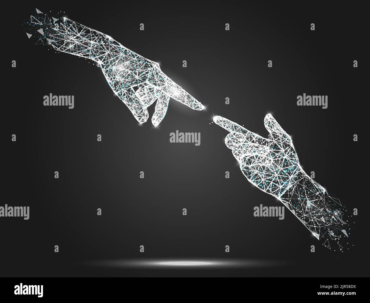 Vector polygonal art style human touching hands. Low poly wireframe ...
