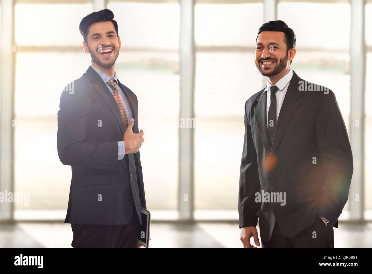 Corporate employees in formal business suit standing in office and ...
