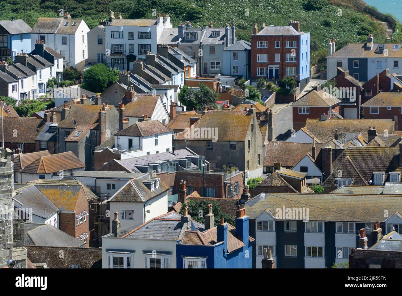 Port of Hastings old town and harbour seen from hills low level aerial ...