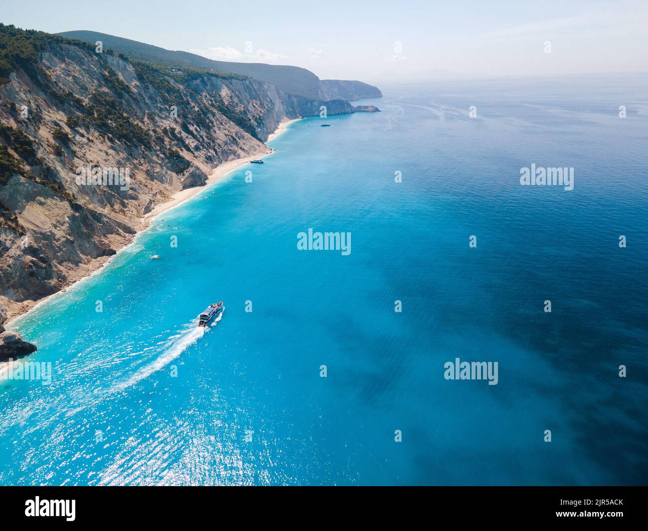 aerial view of small cruise boat sailing around Lefkada island Stock ...
