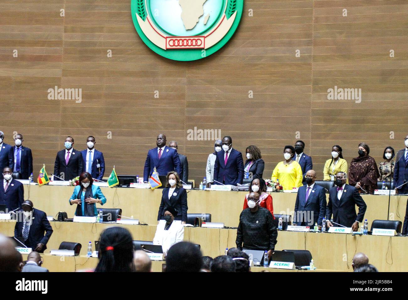 Officials listen to the African Union anthem at the opening of the 35th ...