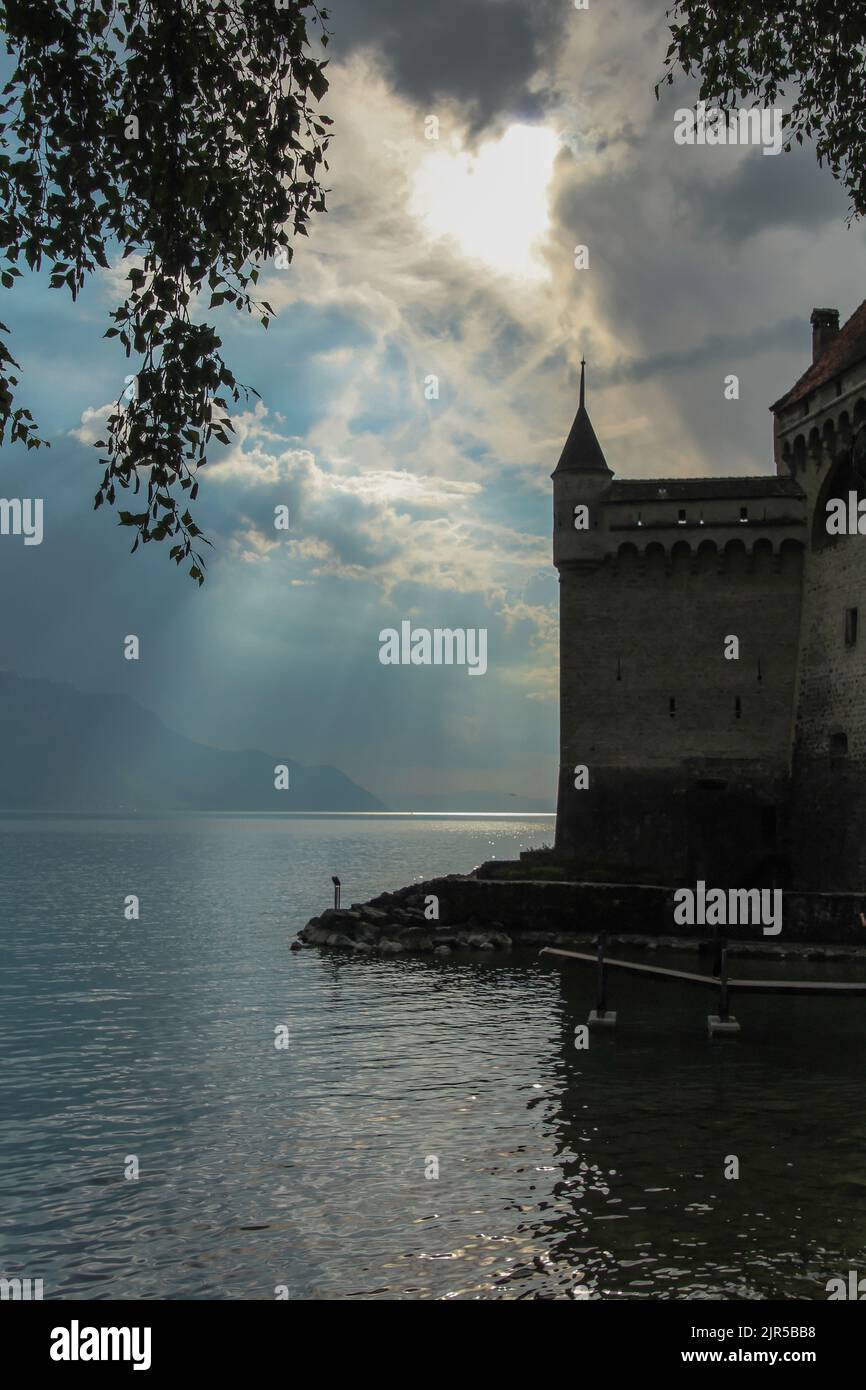 The medieval castle of Chillon on the north shore of Lake Geneva in ...