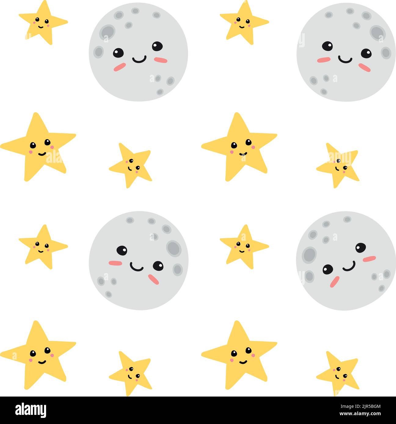 Vector seamless pattern of flat hand drawn moon and stars with face ...