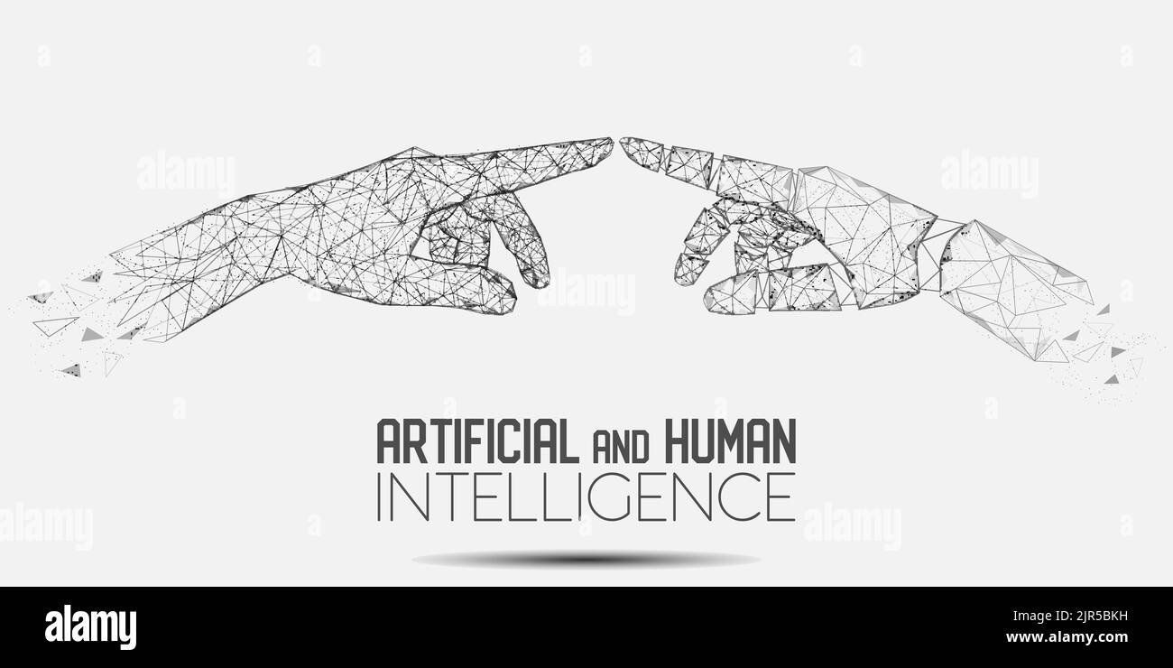 Vector polygonal art style robot and human touching hands. Low poly ...