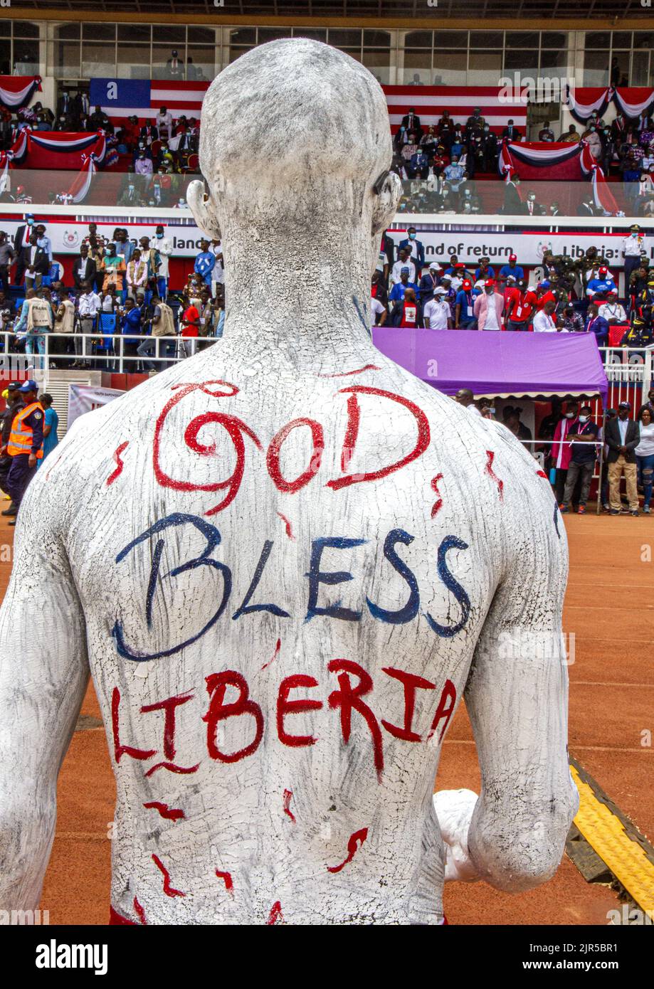 A Liberian artist paints it in the national colours and on the back is ...