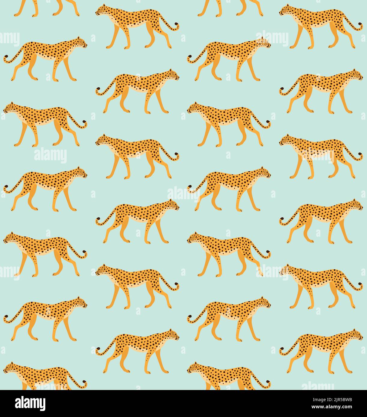 Vector seamless pattern of flat hand drawn cheetah isolated on mint ...
