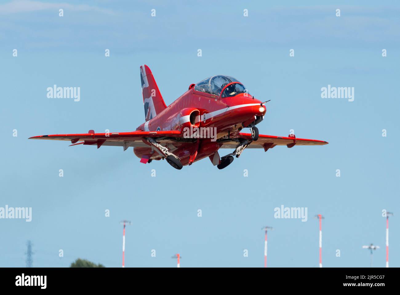 Royal Air Force Red Arrows BAe Hawk jet plane taking off from London Southend Airport to display ...