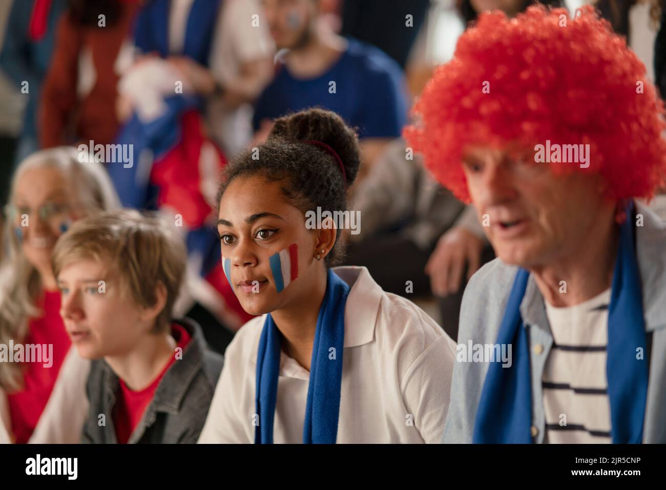 Excited football fans supproting French national team in live soccer ...
