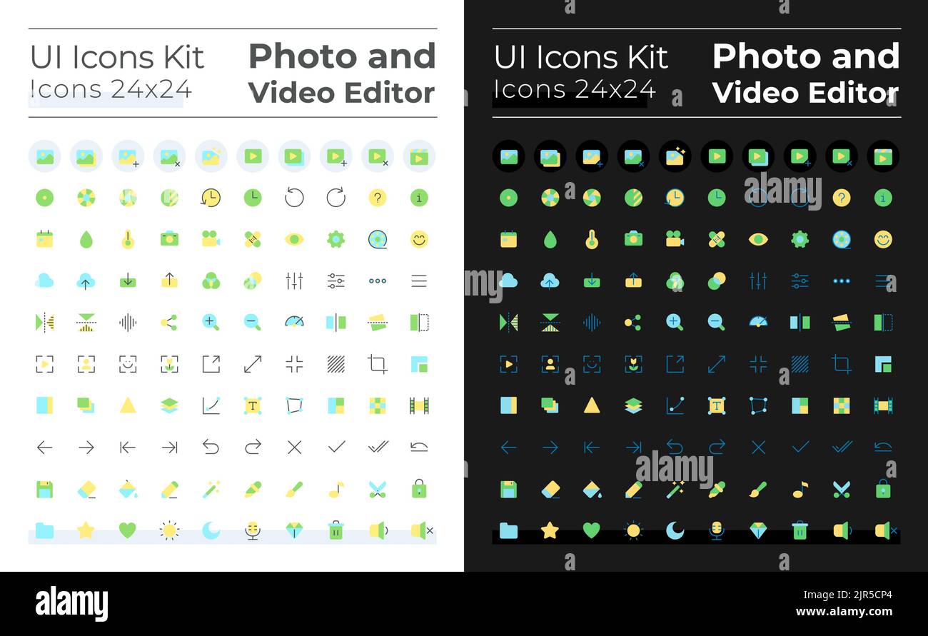 Photo and video editor flat color ui icons set for dark, light mode ...
