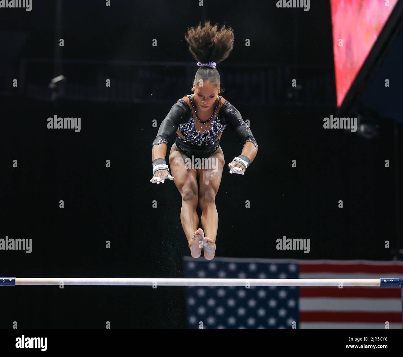 August 21, 2022: Shilese Jones warms up on the bars prior to the finals ...