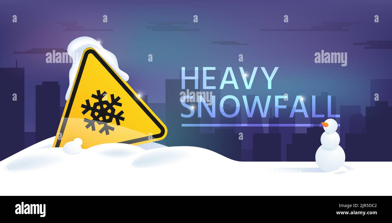 Heavy snowfall web banner has a warning sign with a snowflake symbol ...