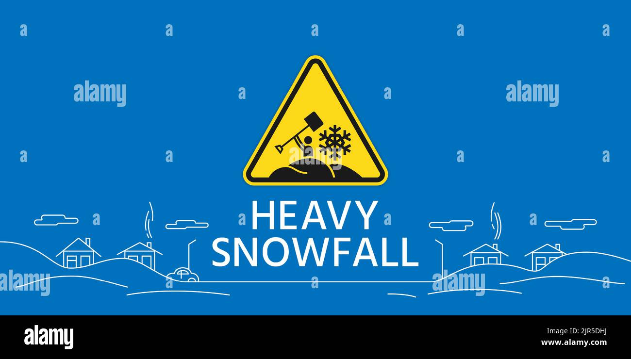 Heavy snowfall web banner. There is a yellow warning sign is on a blue ...