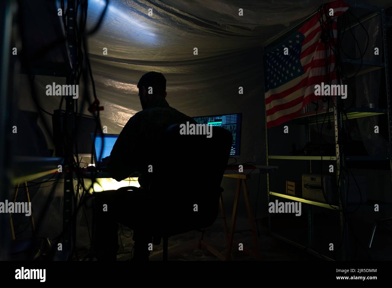 American hacker in military unifrorm on dark web, cyberwar concept ...