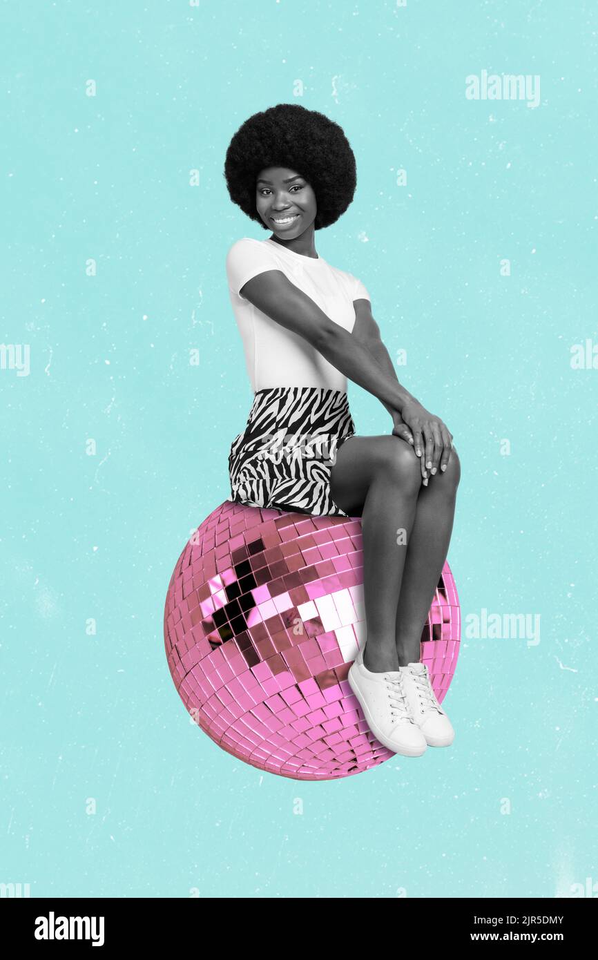 Artwork magazine picture of happy smiling lady sitting big huge disco ...
