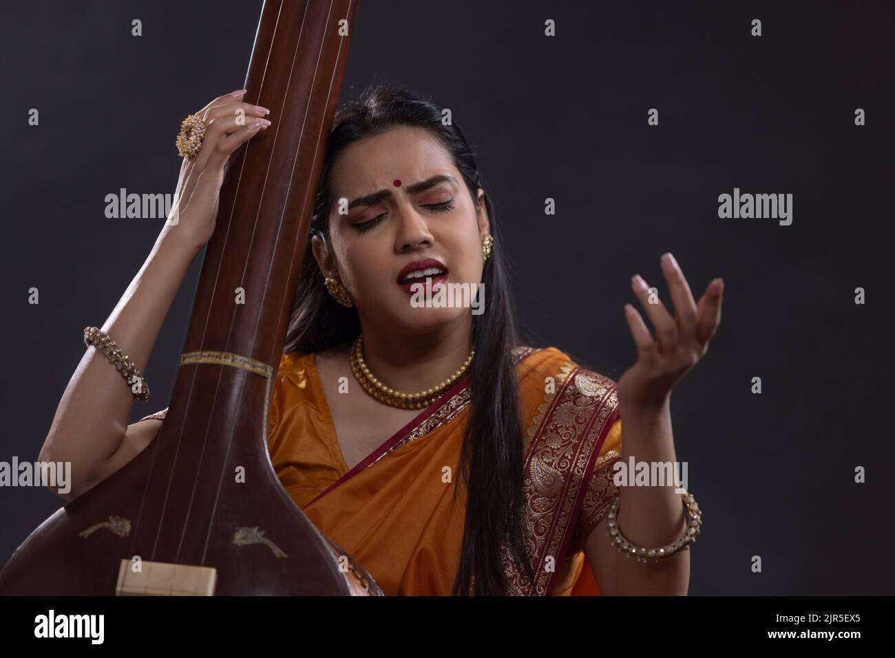 Close-up view of a female musician performing with Tanpura at concert ...