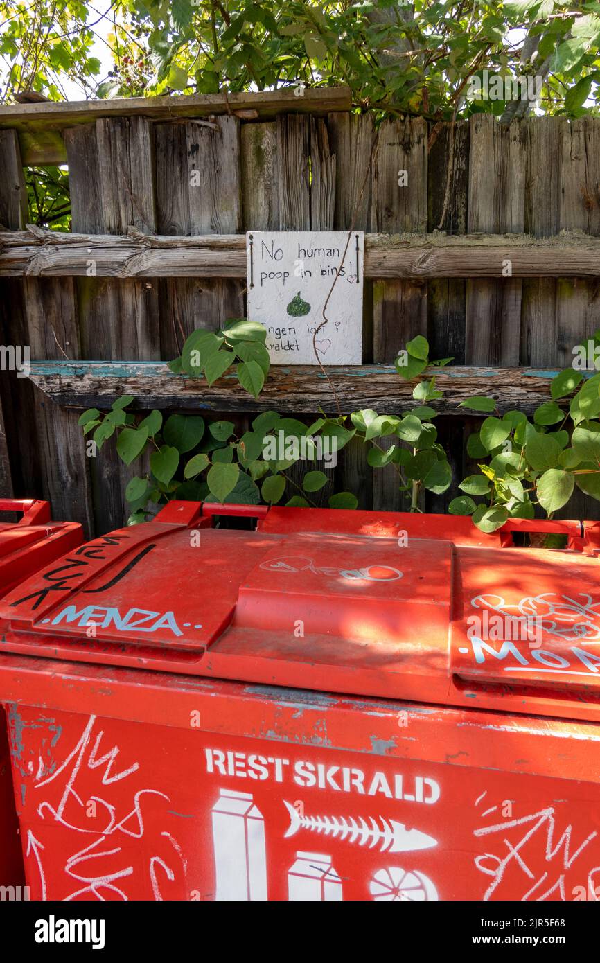 No human poop in bins, sign reading by the bins, Freetown Christiania ...