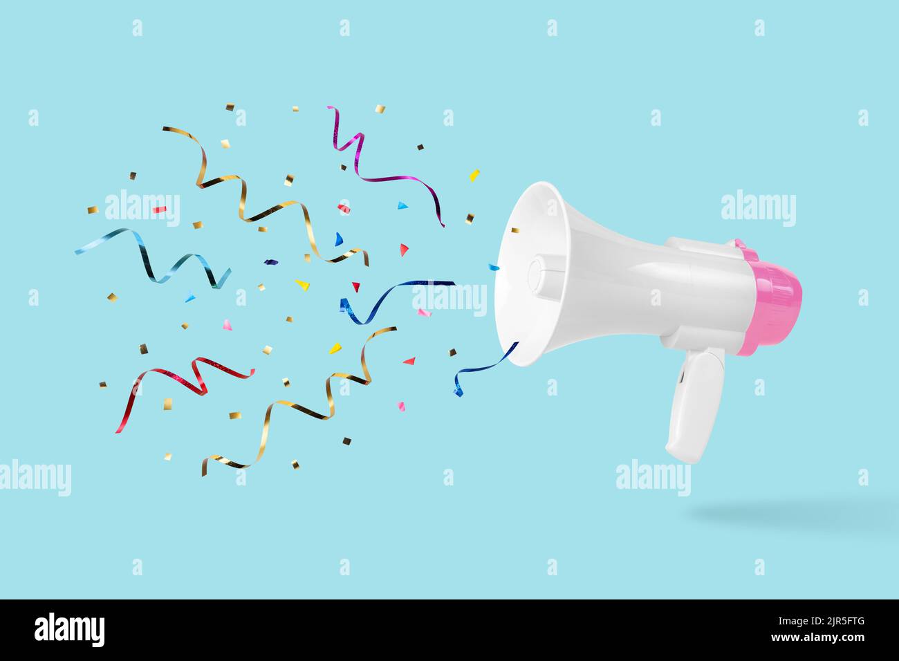 Party background with colorful confetti and megaphone. Creative minimal ...