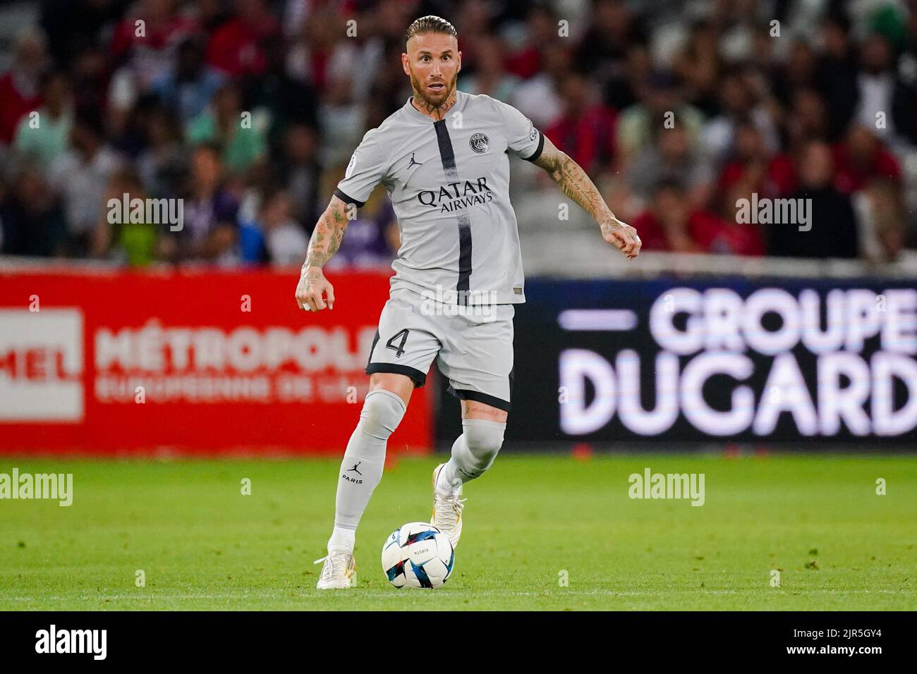 LILLE, FRANCE - AUGUST 21: Sergio Ramos of Paris Saint-Germain runs ...