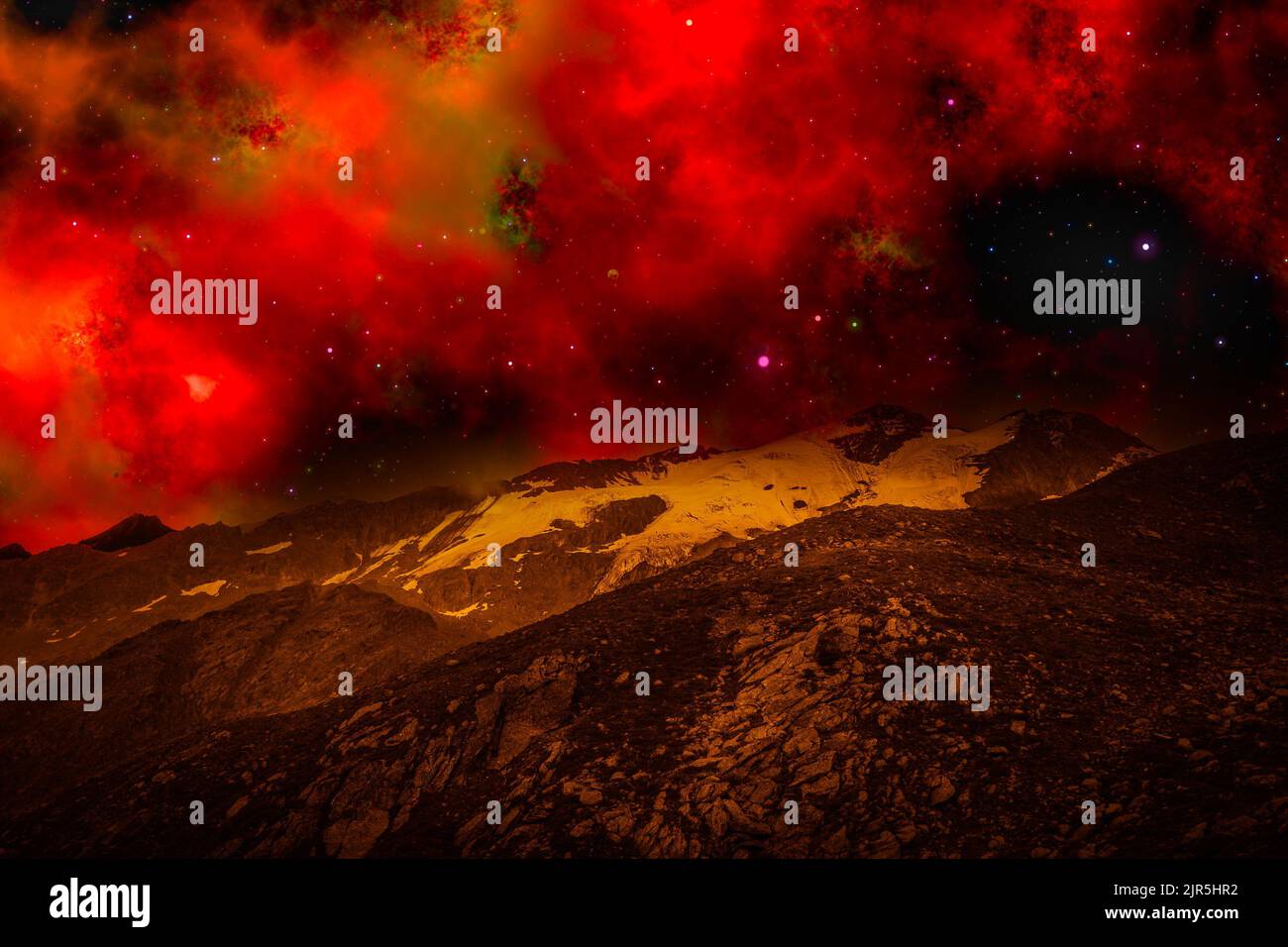 Photo montage that recreates mountainous landscape on alien planet ...