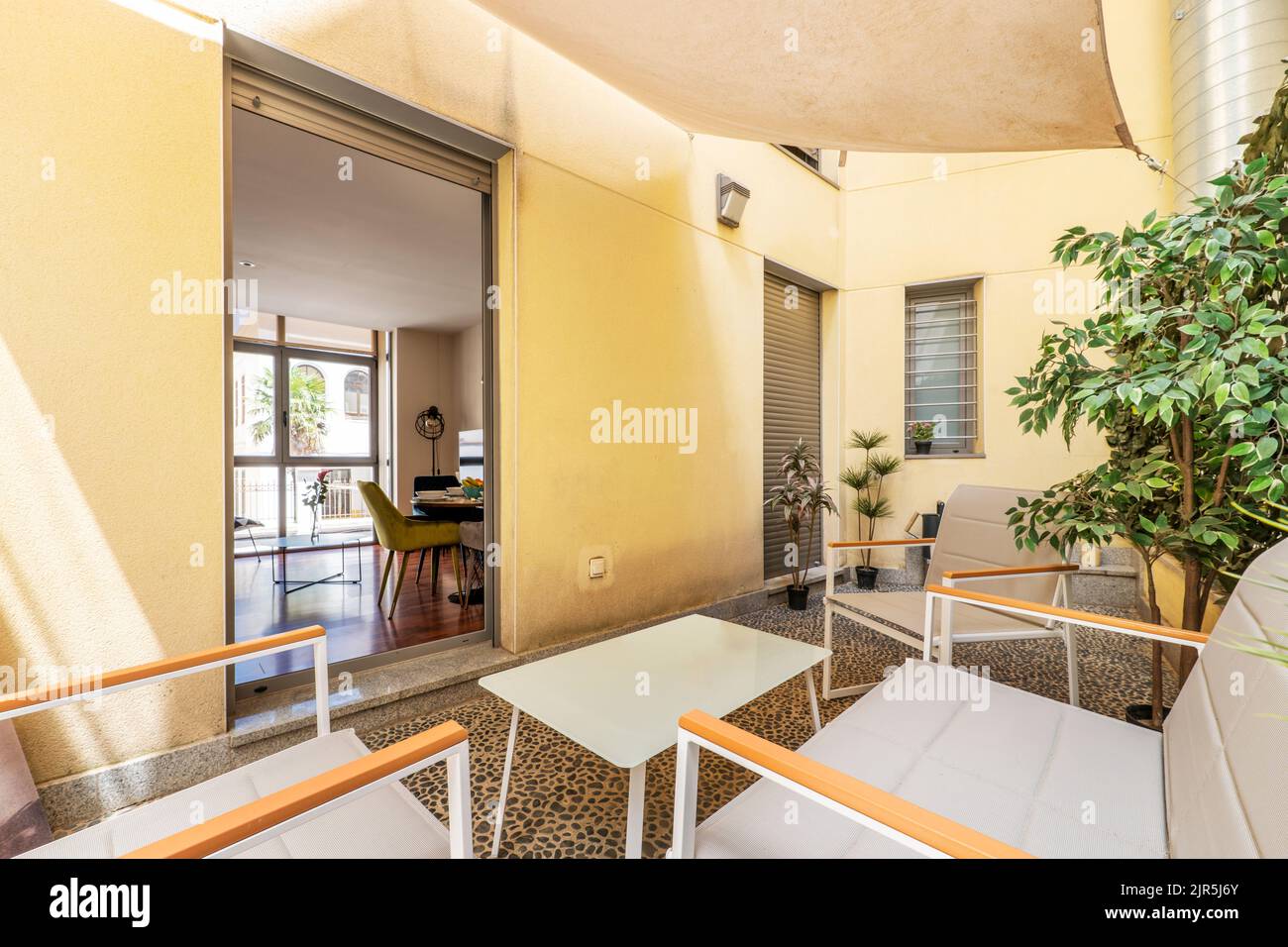 Terrace of an urban residential house with stone floors, glass and ...