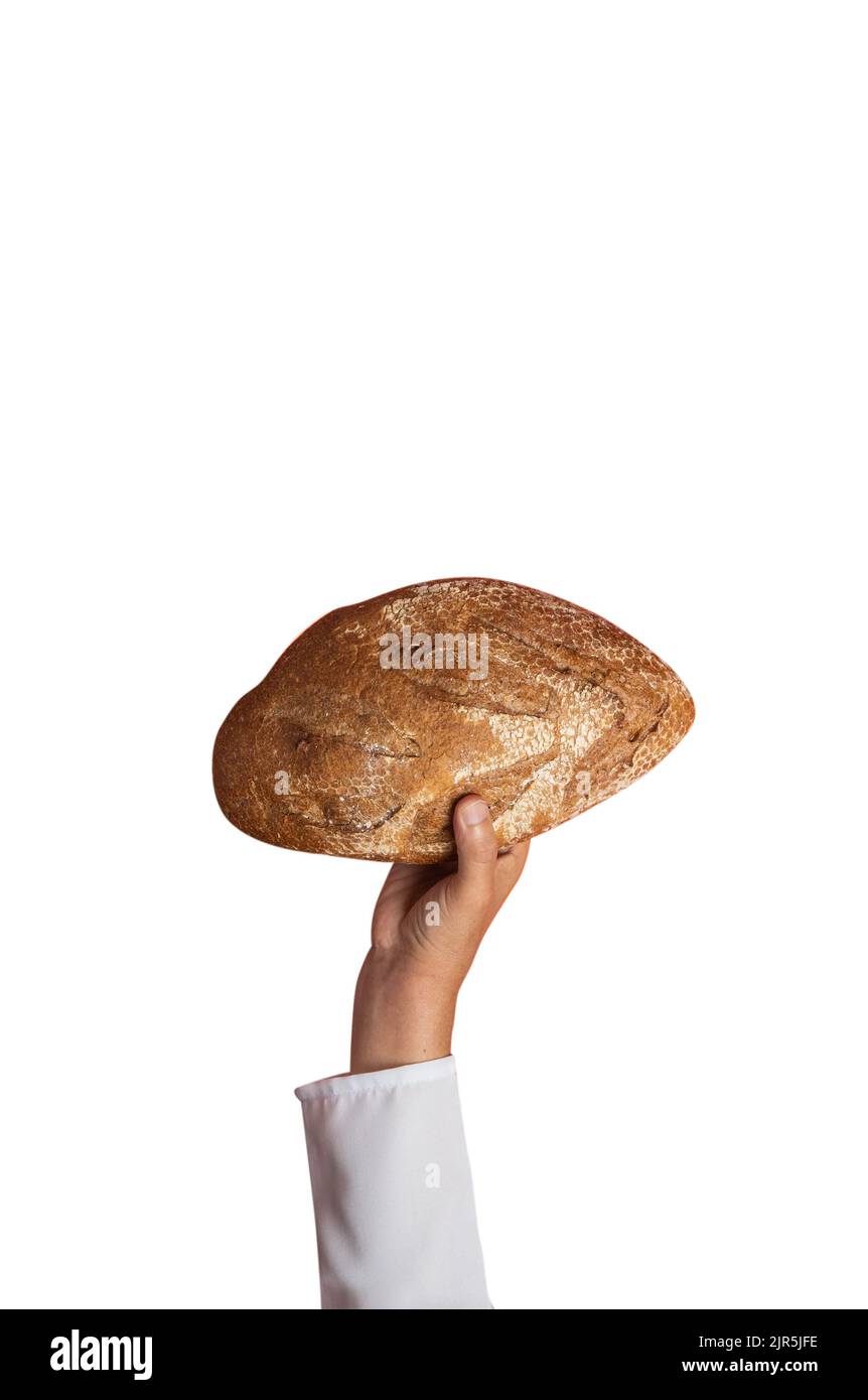 Man's hand with a fresh bread isolated on white background Stock Photo ...