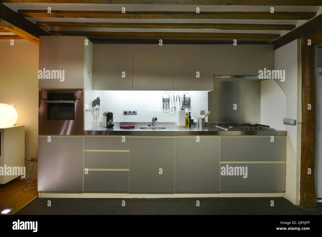 Spacious kitchen with brushed aluminum cabinets, stainless steel ...