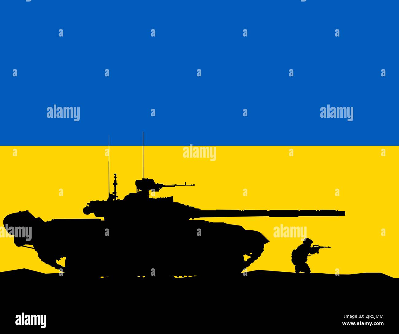 A silhouette of tank and warrior on the Ukraine flag background Stock ...