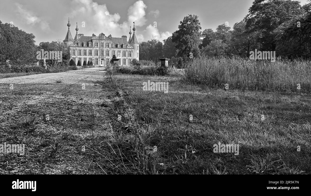 Horizontal black and white low and wide angle landscape on the historic ...
