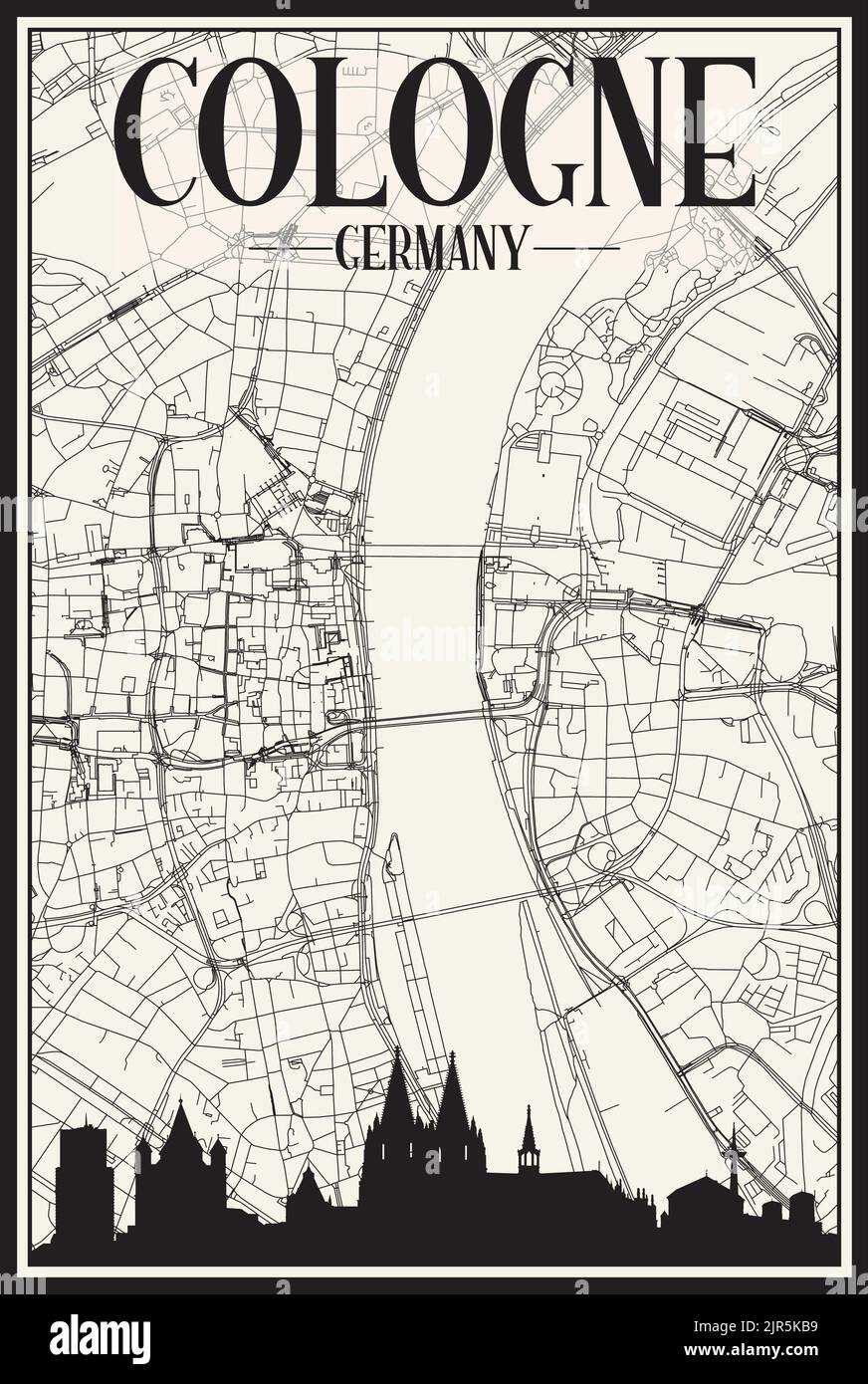 Hand-drawn panoramic city skyline poster with downtown streets network ...