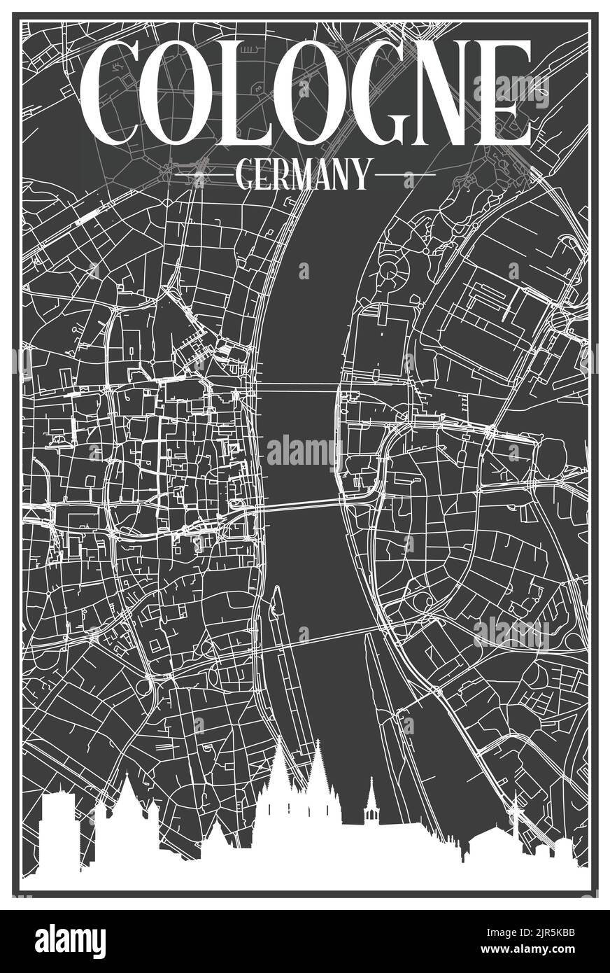Hand-drawn panoramic city skyline poster with downtown streets network ...