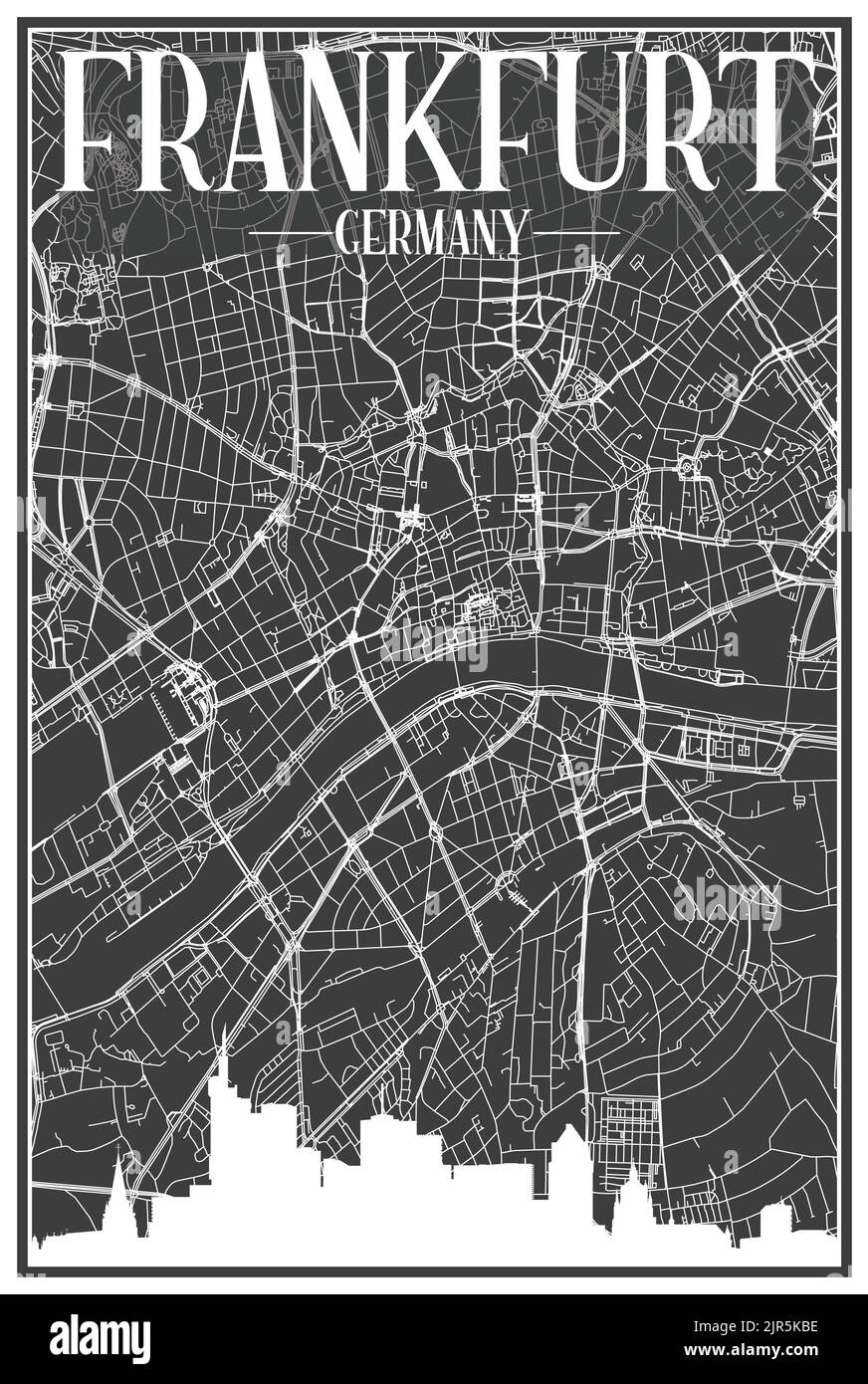 Hand-drawn panoramic city skyline poster with downtown streets network of FRANKFURT, GERMANY ...