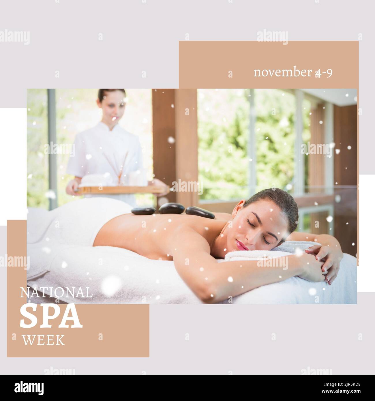 Composition of national spa week text over caucasian woman relaxing in ...