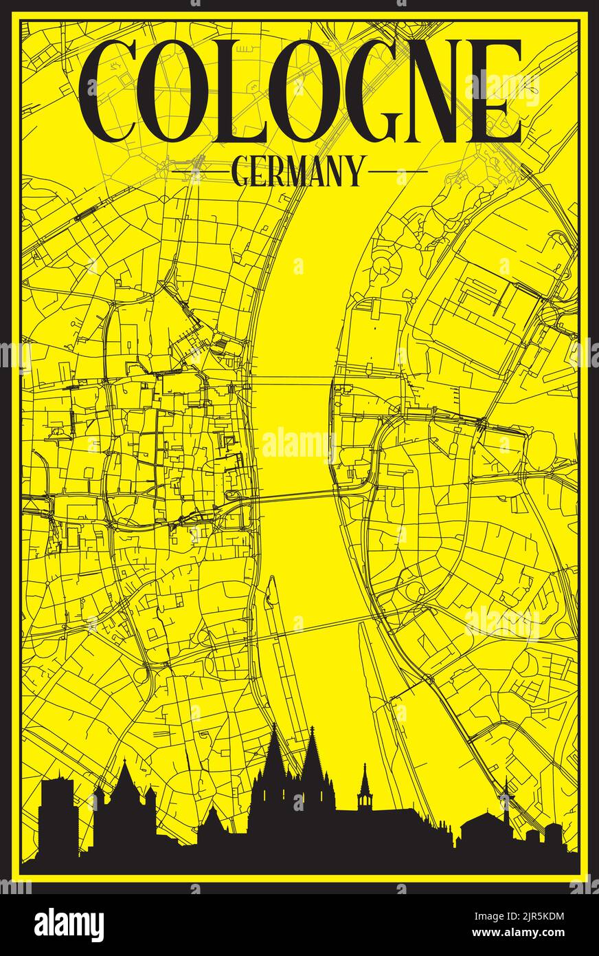 Hand-drawn panoramic city skyline poster with downtown streets network of COLOGNE, GERMANY Stock ...